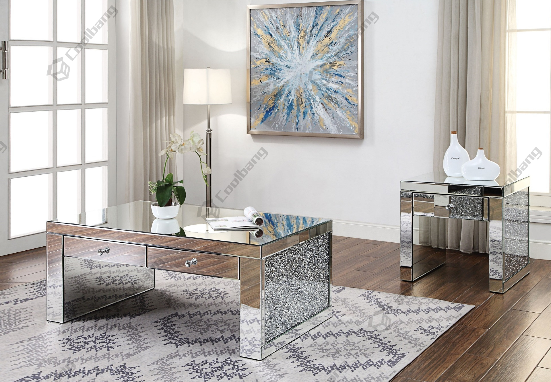 Modern luxury sparkle crushed glass diamond coffee table