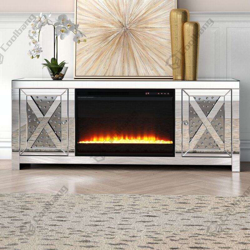 Mirrored Furniture Crushed Diamond TV Stand with Fireplace